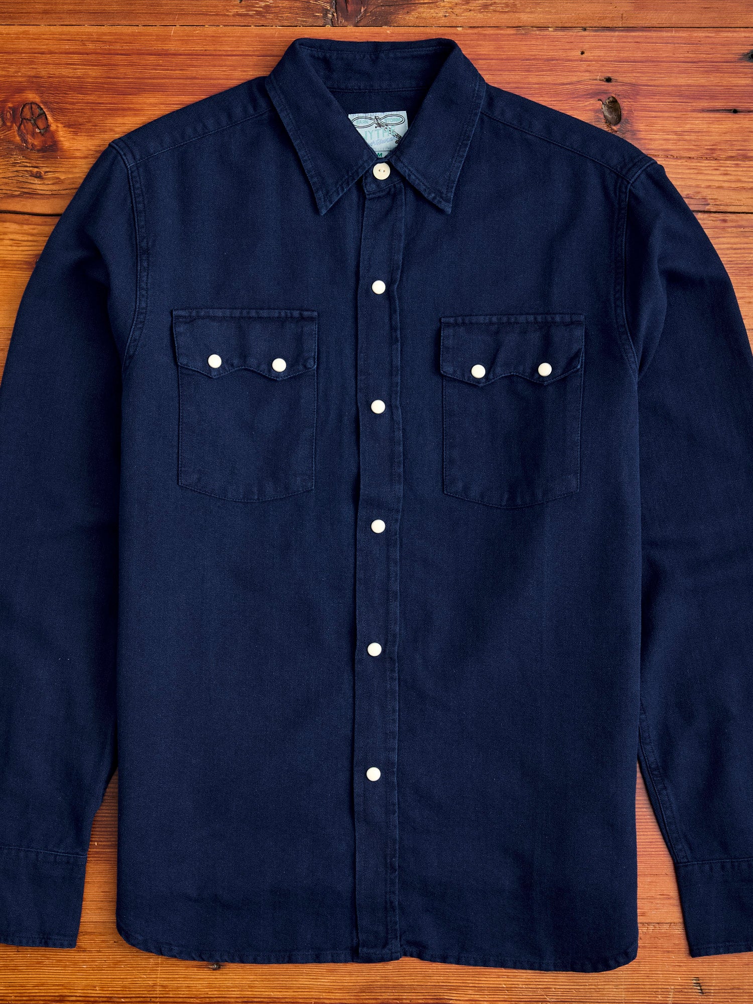 Yarn-Dyed Sateen Pearl Snap Shirt in Rinsed Indigo – Blue Owl Workshop
