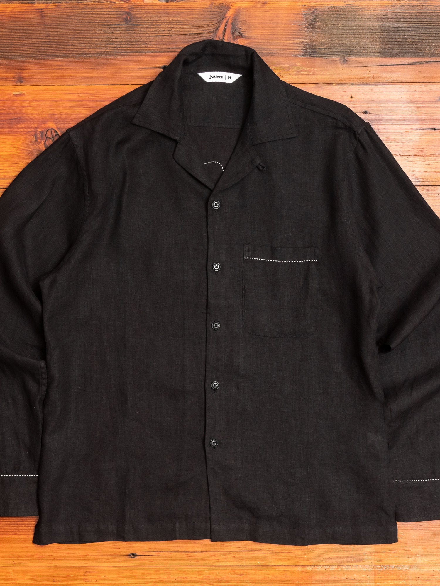 "Studio Embroidered" Loop Collar Shirt in Black Linen – Blue Owl Workshop